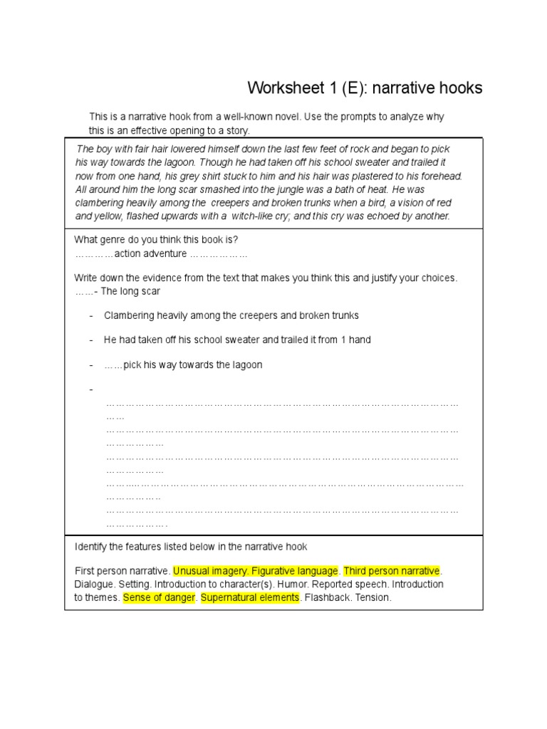 Worksheet 1 (E) - Narrative Hooks | PDF