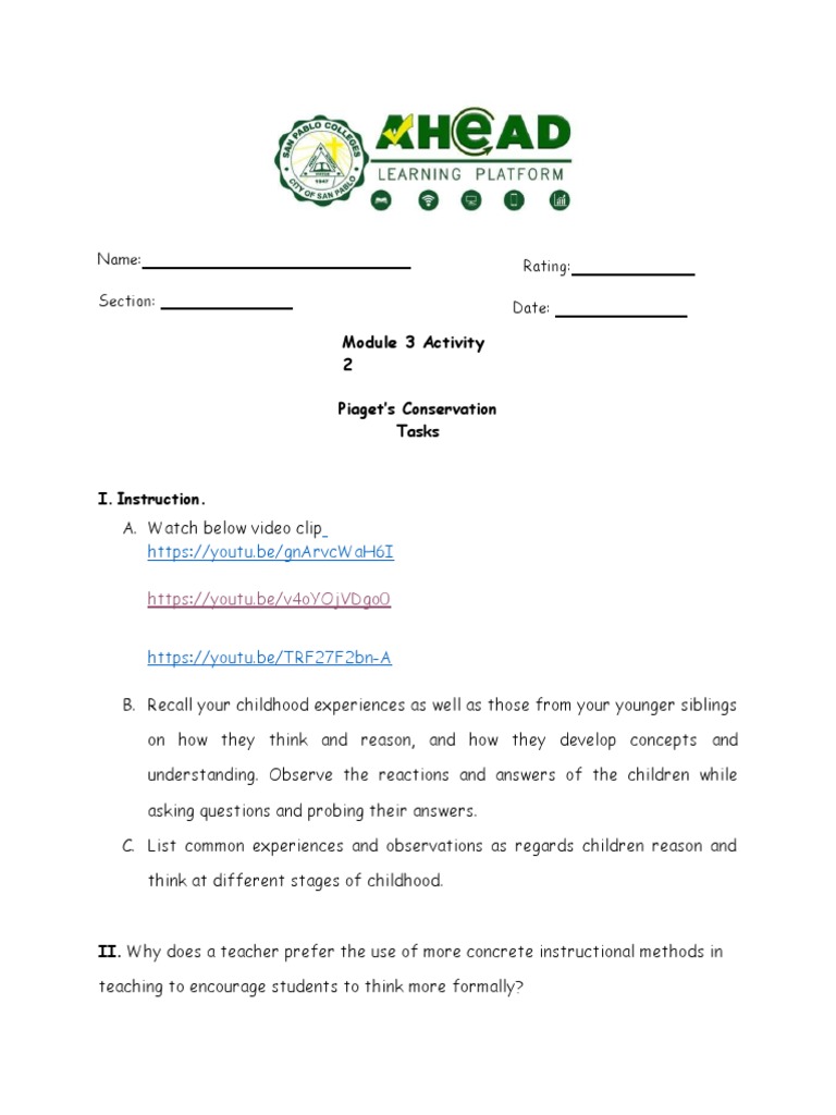 Module 3 Activity 2 Piaget's Conservation Tasks: Name: Section: Rating ...