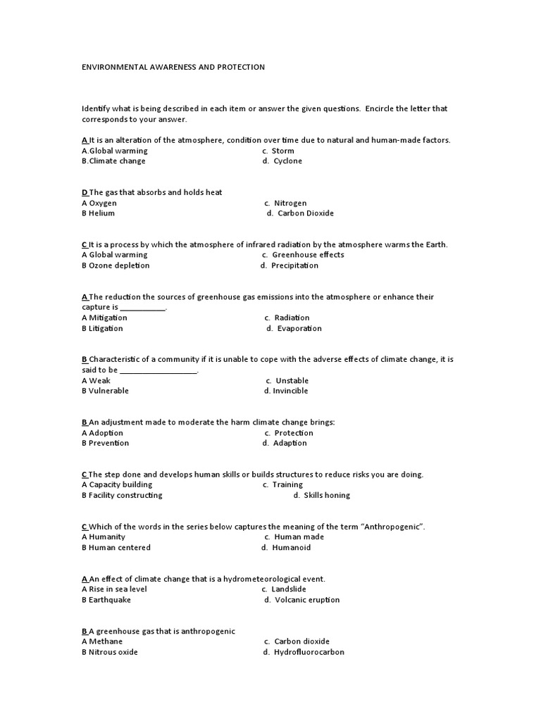 Environmental Awareness Quiz | PDF | Climate Change | Greenhouse Gas