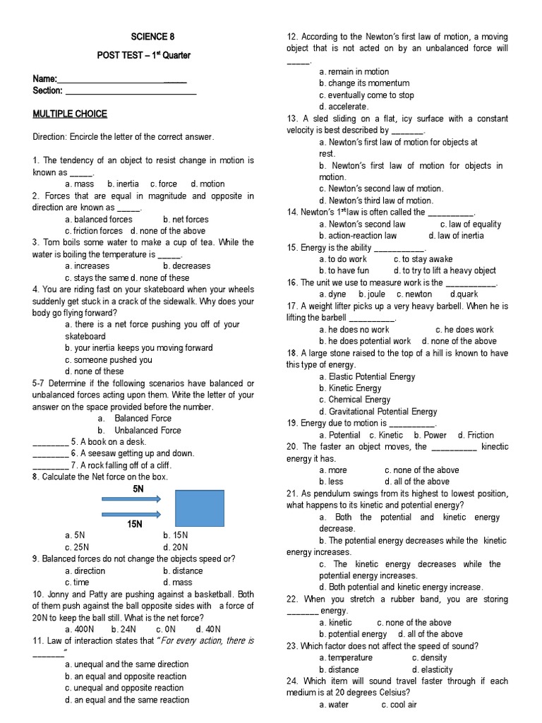 Science8 Pretest 1st Quarter | PDF | Force | Newton's Laws Of Motion