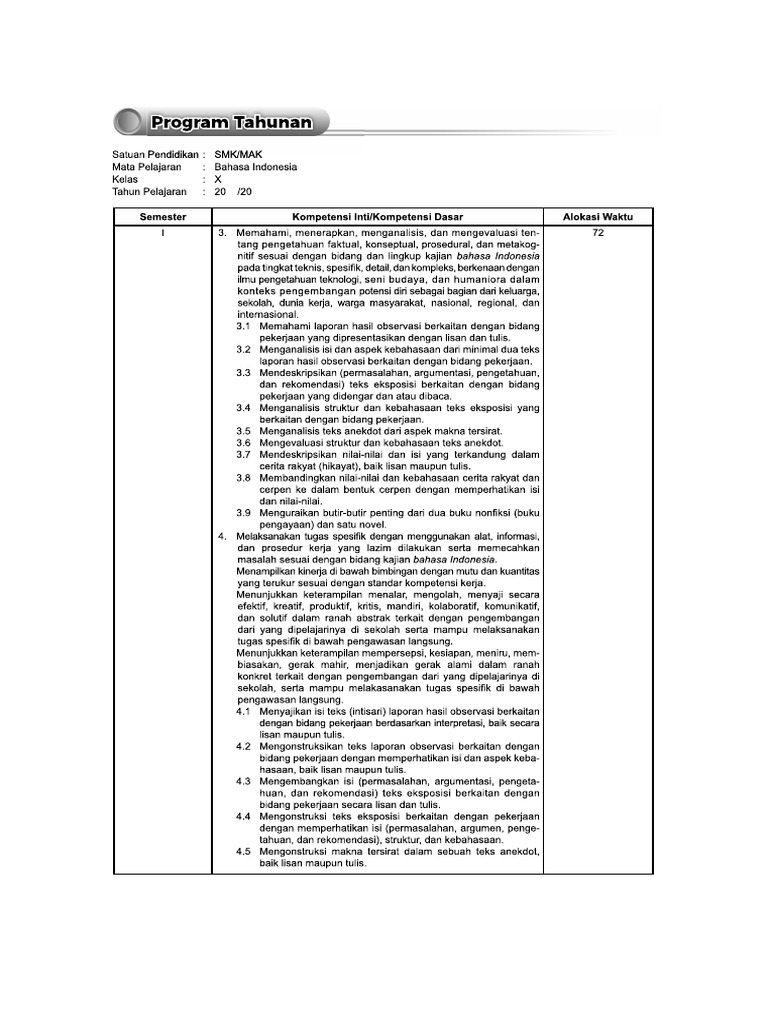 Prota + Promes Bahasa Indonesia 10 - SMK | PDF
