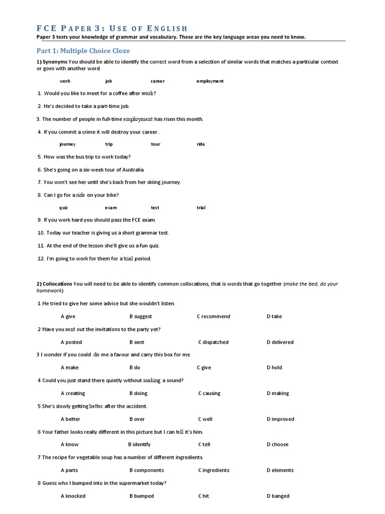 OPEN - CLOZE - Fce Paper 3 Use of English Paper 3 Tests Your Knowledge ...