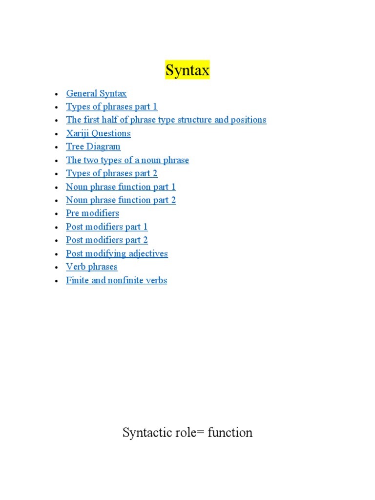 Syntax: Syntactic Role Function | PDF | Phrase | Verb