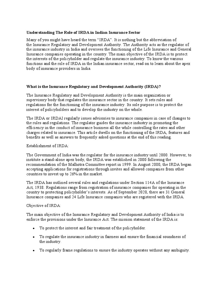 IRDA, Functions, Roles, Power, Duties Etc | PDF | Insurance | Financial ...