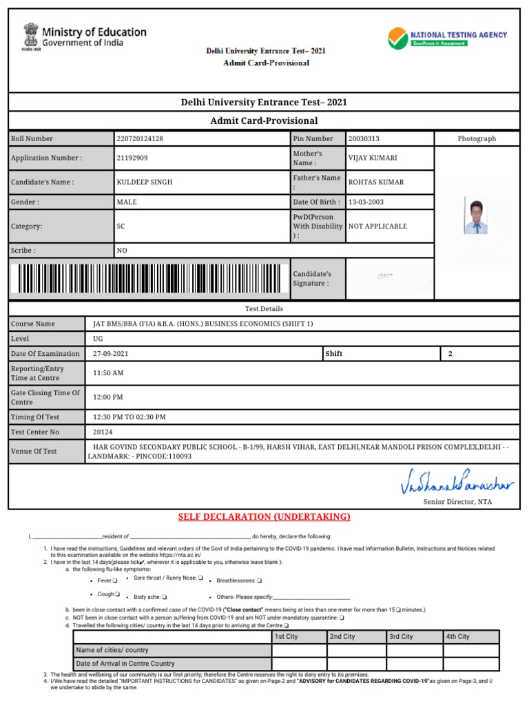 Delhi University Entrance Test - 2021 Admit Card-Provisional: Self ...