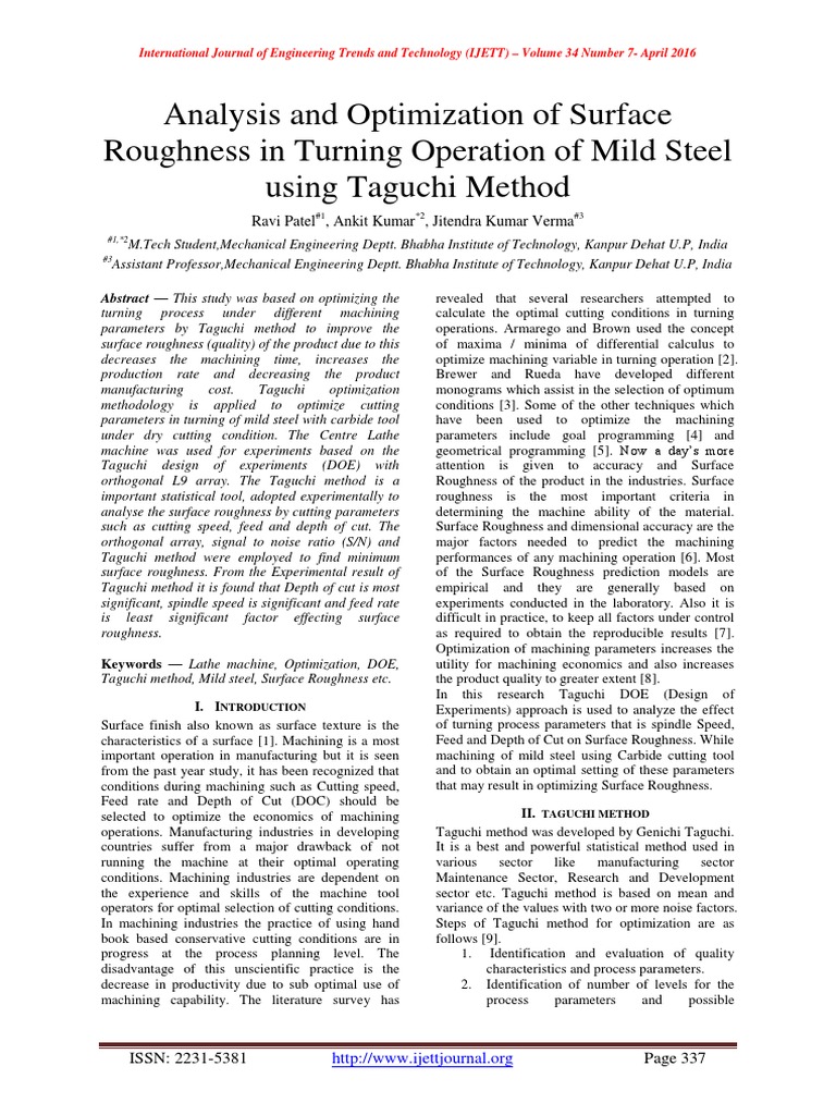 Analysis And Optimization Of Surface Roughness In Turning Operation Of
