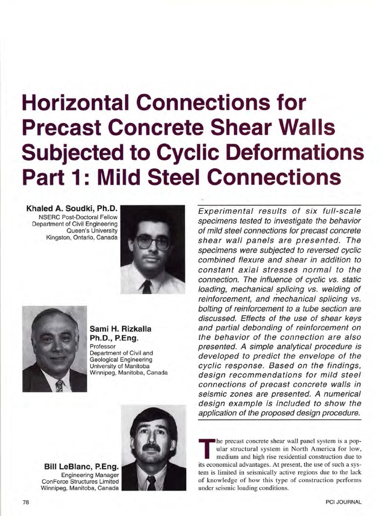 Horizontal Connections For Precast Concrete Shear Walls Subjected To Cyclic Deformations Part 1 ...