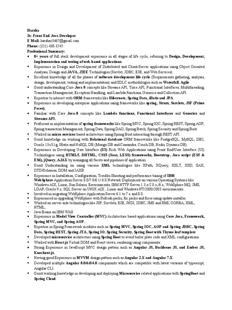 Harsha Full Stakc Java Developer | PDF | Spring Framework | Databases