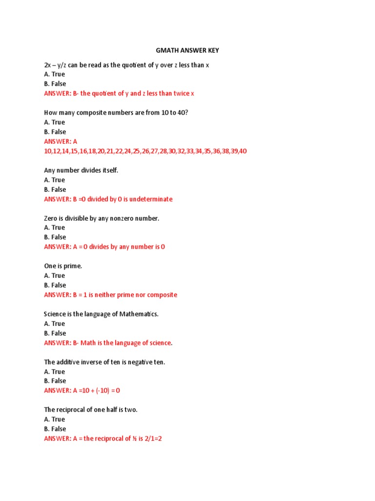 Gmath Answer Key | PDF | Numbers | Mathematics