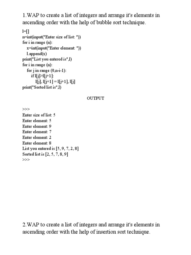 1.WAP To Create A List of Integers and Arrange It's Elements in ...