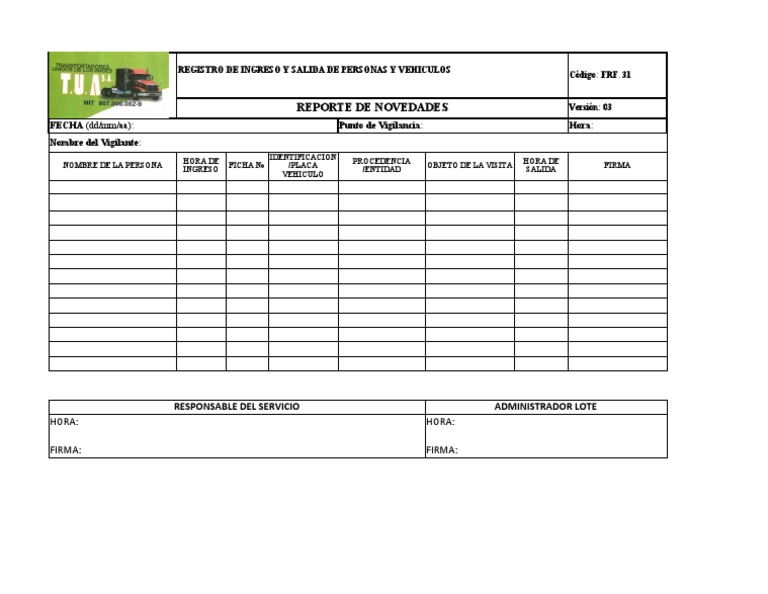 Formato Registro de Ingreso y Salida de Personas y Vehiculos | PDF