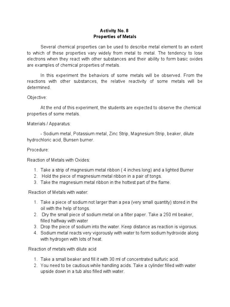 Activity No 8 Properties of Metals | PDF | Metals | Sodium