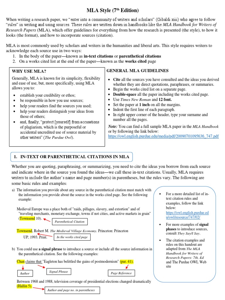 MLA Style (7 Edition) : General Mla Guidelines Why Use Mla? | PDF ...
