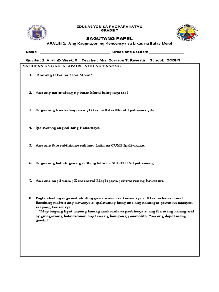 Answer Sheets For Aralin 2 Lesson1 | PDF