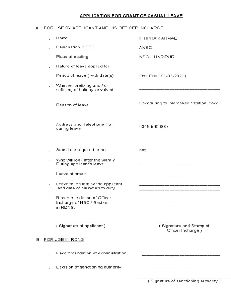 Casual Leave (Proforma) | PDF