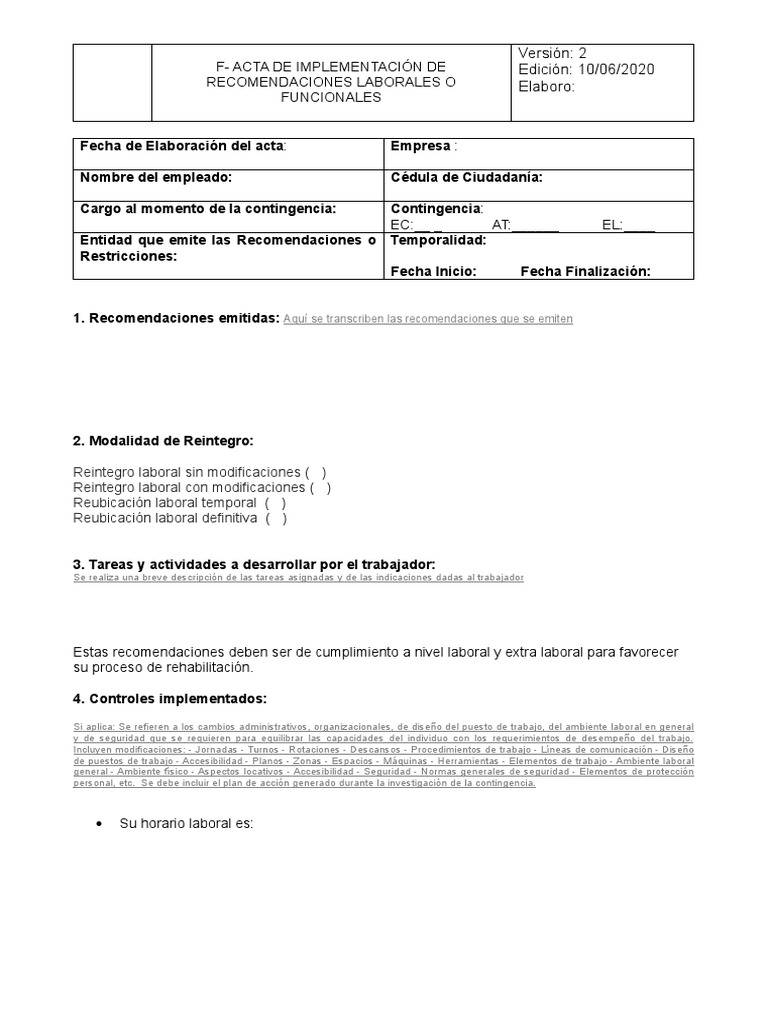 Implementación de recomendaciones laborales para el reintegro de un empleado | PDF