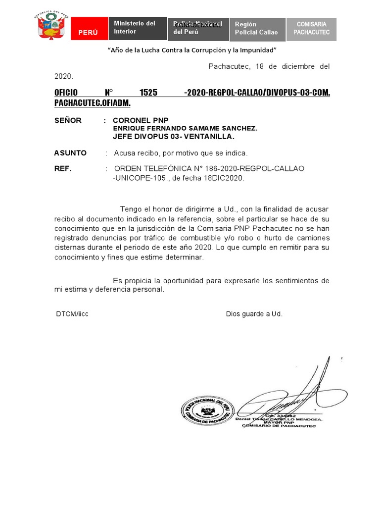 Oficios de la Comisaría Pachacutec | PDF | Perú | Seguridad nacional