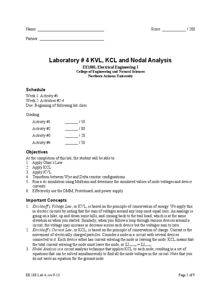 Lab 04 - KVL, KCL, Nodal Analysis | PDF | Electrical Network | Electromagnetism