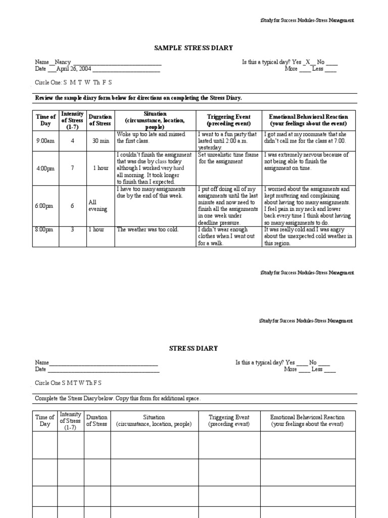 STRESS DIARY Sample | PDF | Stress (Biology) | Applied Psychology