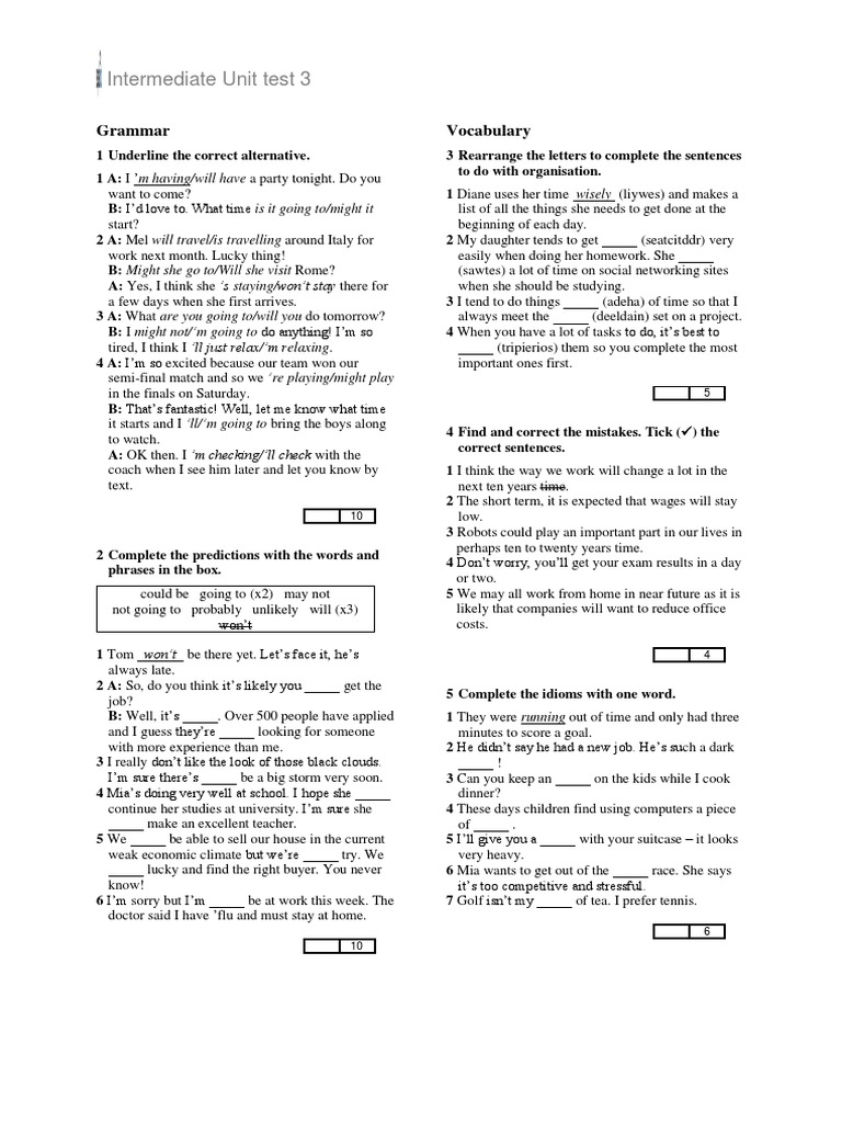 Intermediate Unit Test 3: Grammar Vocabulary | PDF