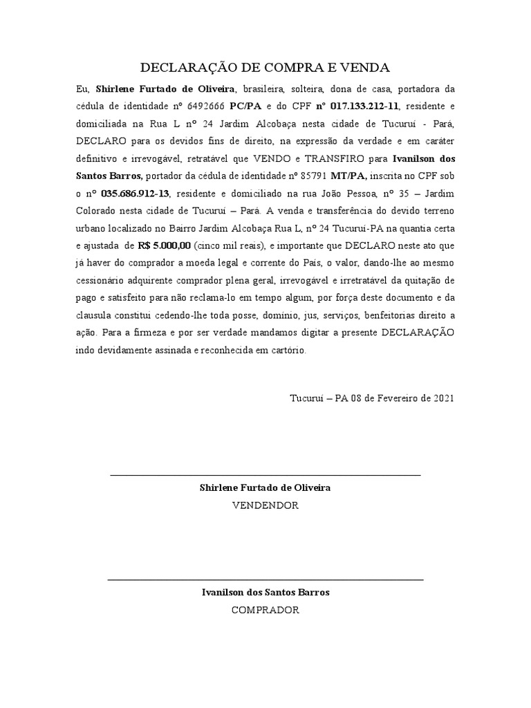 Declaração de Compra e Venda | PDF