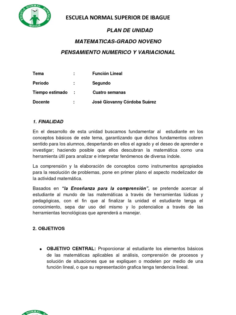 PLAN DE UNIDAD Función Lineal | PDF | Línea (geometría) | Pendiente