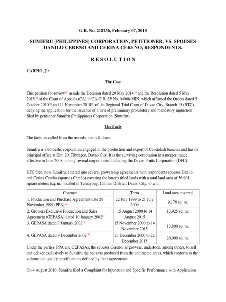 Sumifru (Philippines) Corporation, Petitioner, vs. Spouses Danilo Cereño and Cerina Cereño ...