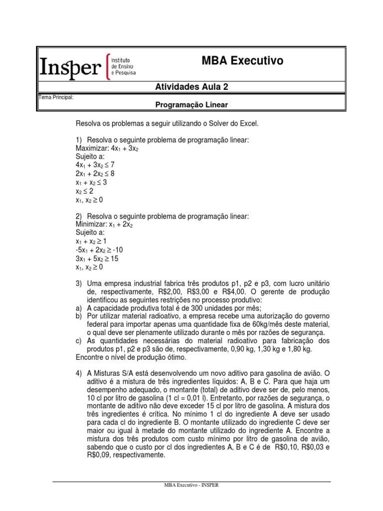 MBA Executivo - INSPER: Problemas de Programação Linear e Otimização | PDF
