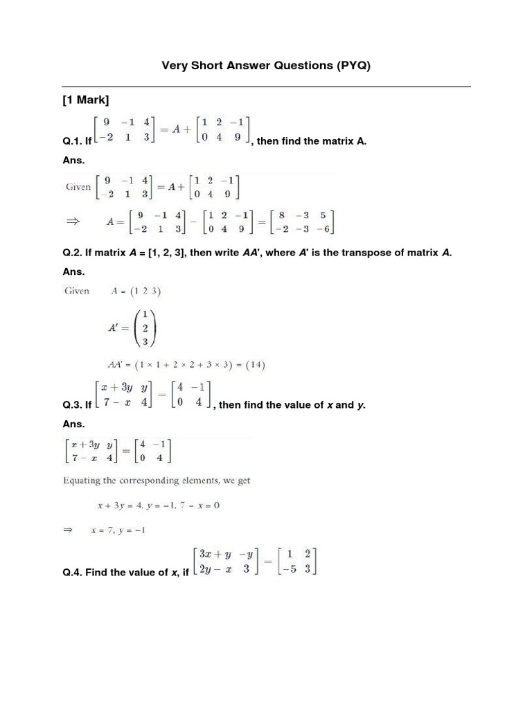 Very Short Answer Type Question | PDF | Matrix (Mathematics) | Linear ...