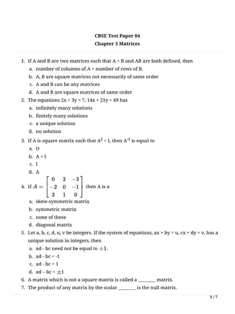 CBSE Test Paper 04 Chapter 3 Matrices | PDF | Matrix (Mathematics ...