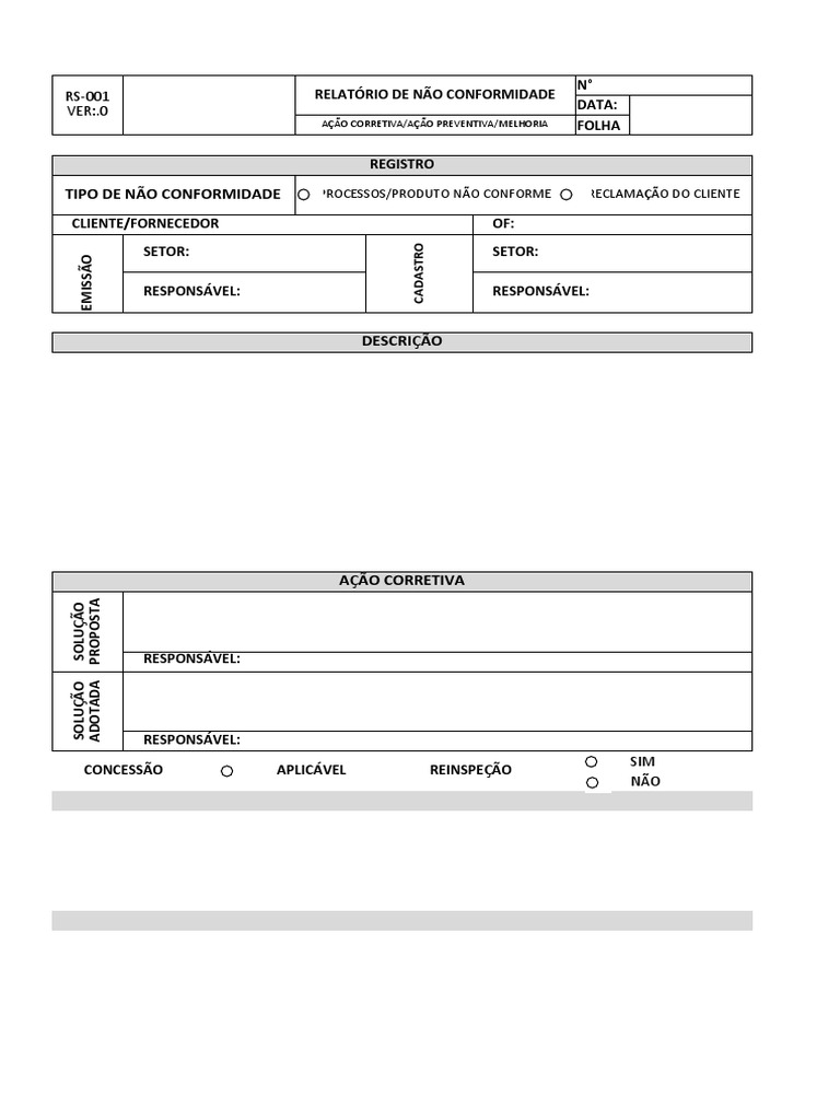 Planilha Formulario RNC SEM DADOS | PDF | Informática | Business