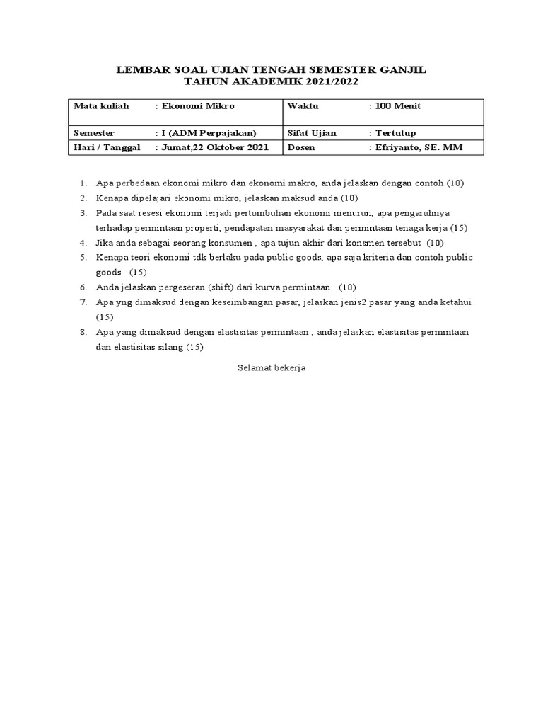 SOAL UTS Mikro Vokasi | PDF