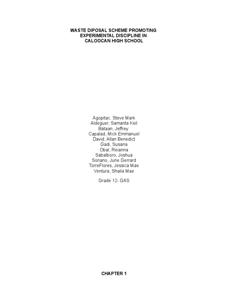 Waste Diposal Scheme Promoting Experimental Discipline in Caloocan High ...