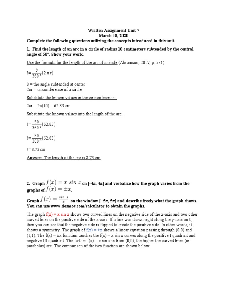 MATH 1201 Written Assignment Unit 7 | PDF | Sine | Angle