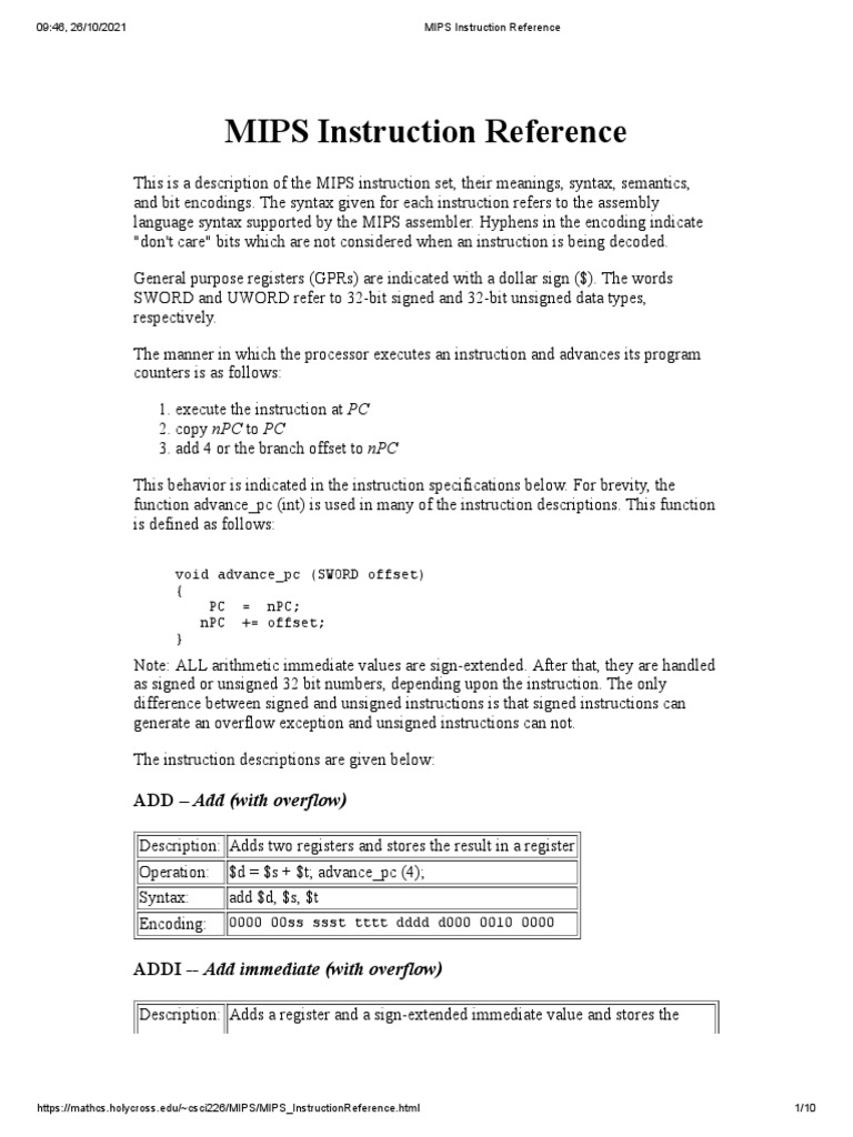 MIPS Instruction Reference | PDF | Office Equipment | Computer Architecture
