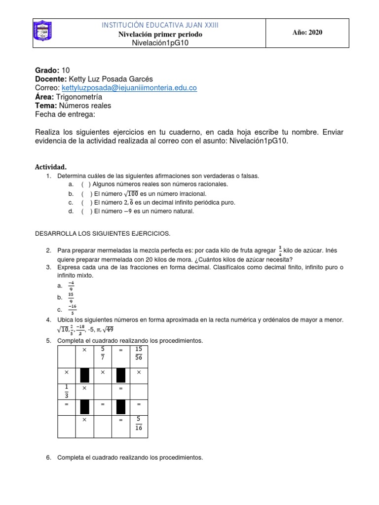 Nivelación 1. Numeros Reales. Grado 10 | PDF | Número Real | Objetos ...