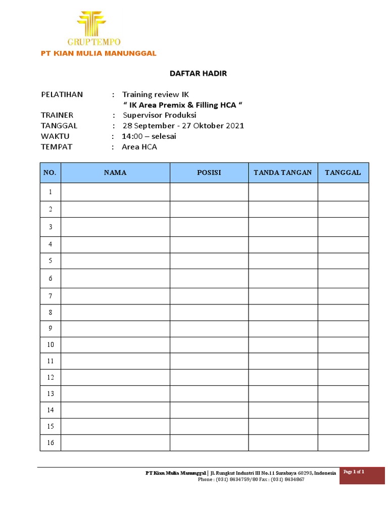 Form Daftar Hadir Training | PDF