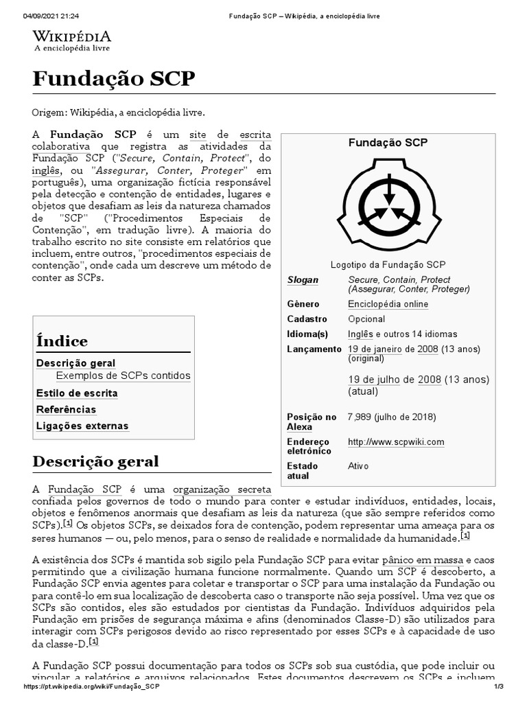 Fundação SCP - Wikipédia, A Enciclopédia Livre | PDF