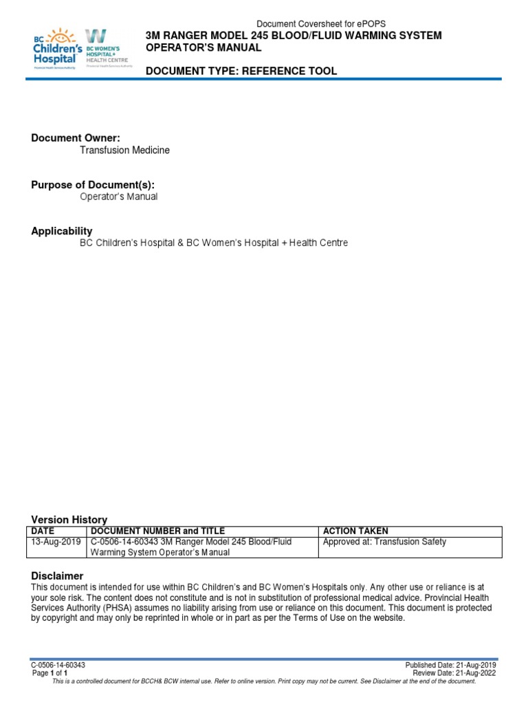 C-0506!14!60343 3M Ranger Model 245 BloodFluid Warming System Operator ...