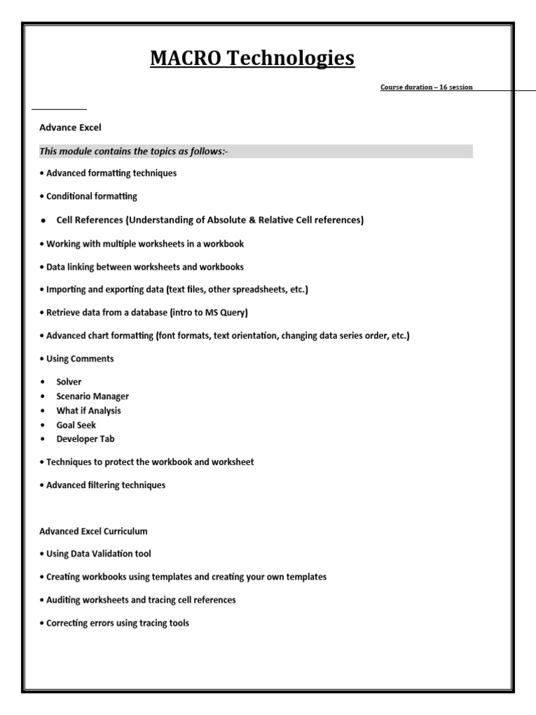 MACRO Technologies: Advance Excel | PDF | Microsoft Excel | Spreadsheet