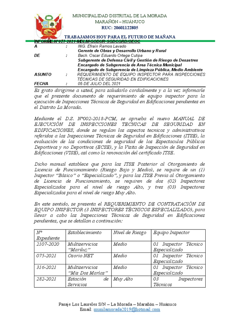 Informe 027-2021-Mdlm-Sgi-Odc-Oeoc Requerimiento de Inspector Itse ...