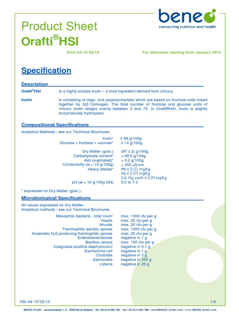 FT - Qaa - Orafti Hsi - Beneo | PDF | Carbohydrates | Nutrition Facts Label