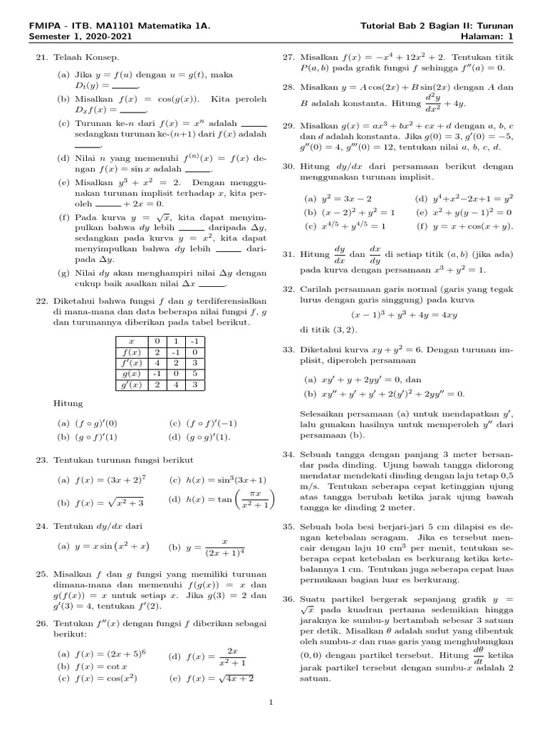 Tutorial Bab 2 MA1101 Bagian II 2020 2021 | PDF