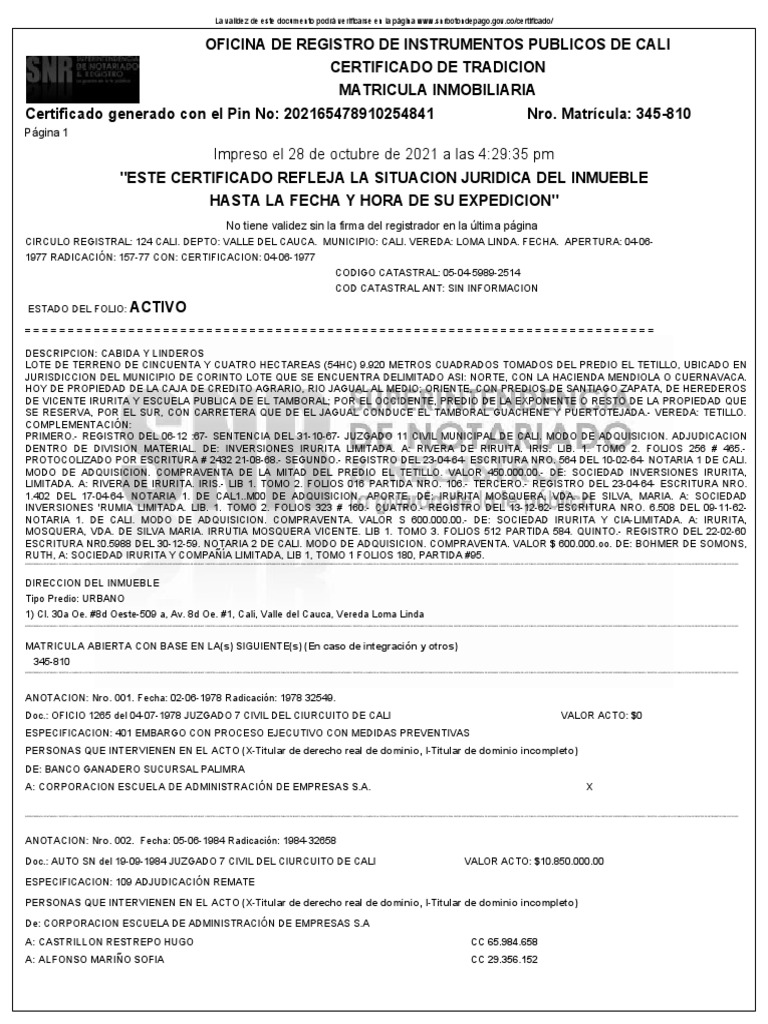 Certificado Tradición Y Libertad Finca Cali Modelo Pdf Derecho