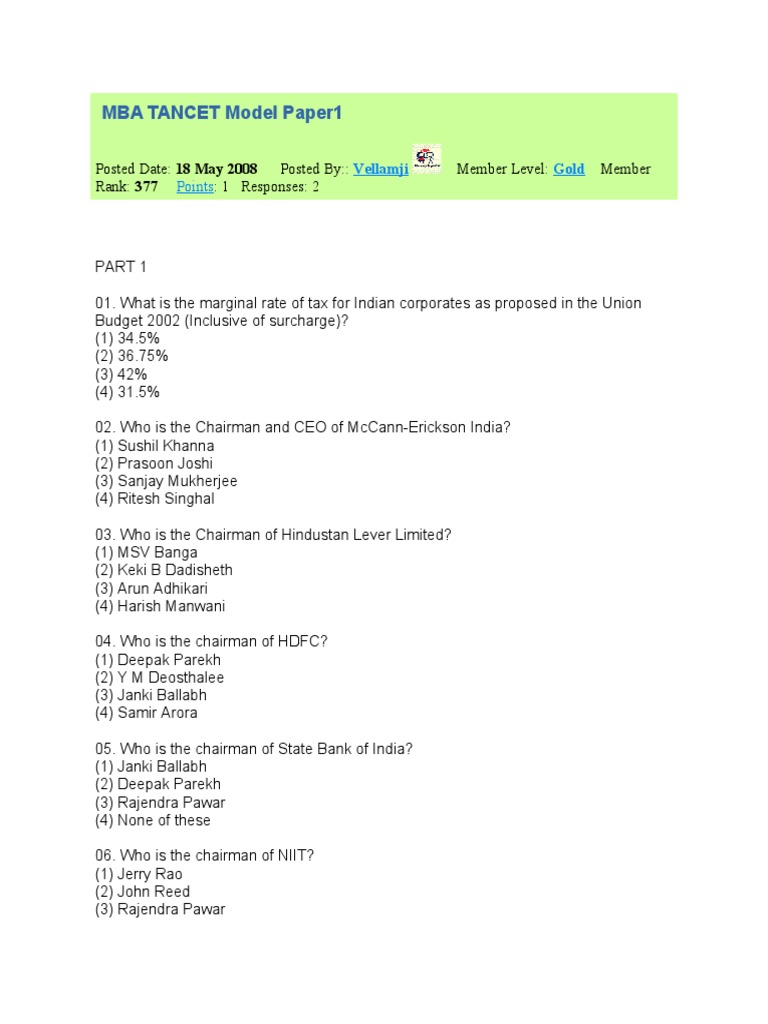 TANCET MBA Model Paper 1 Questions | PDF | Al Jazeera