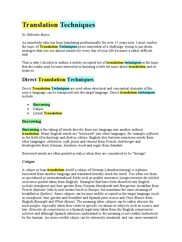 Overview of Translation Techniques | PDF | Translations | English Language