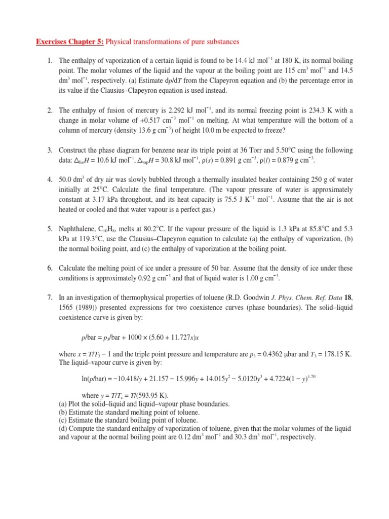 Exercises Chapter 5: Physical Transformations of Pure Substances | PDF ...