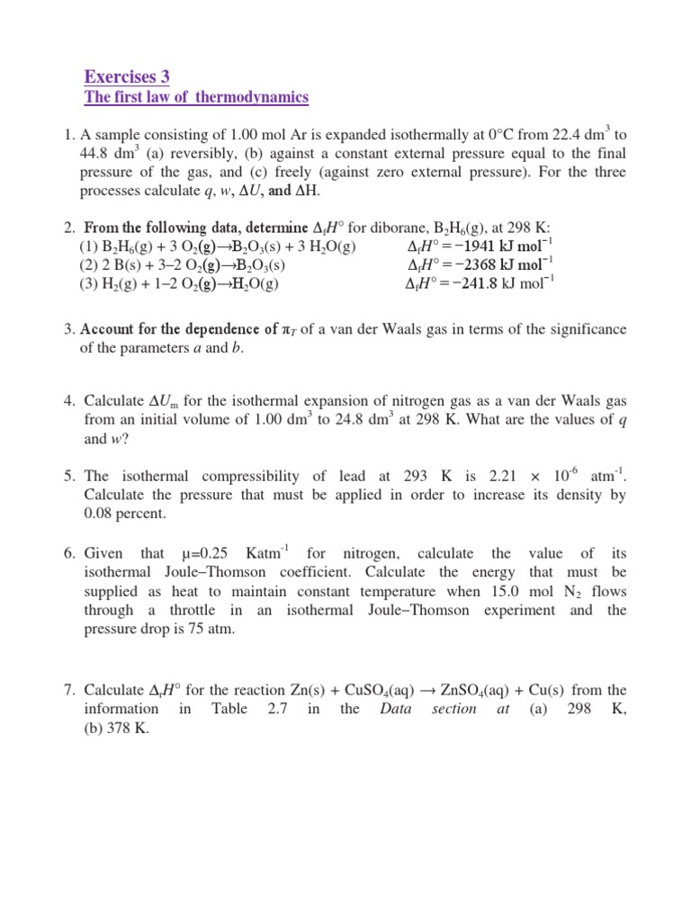Exercises 3: The First Law of Thermodynamics | PDF