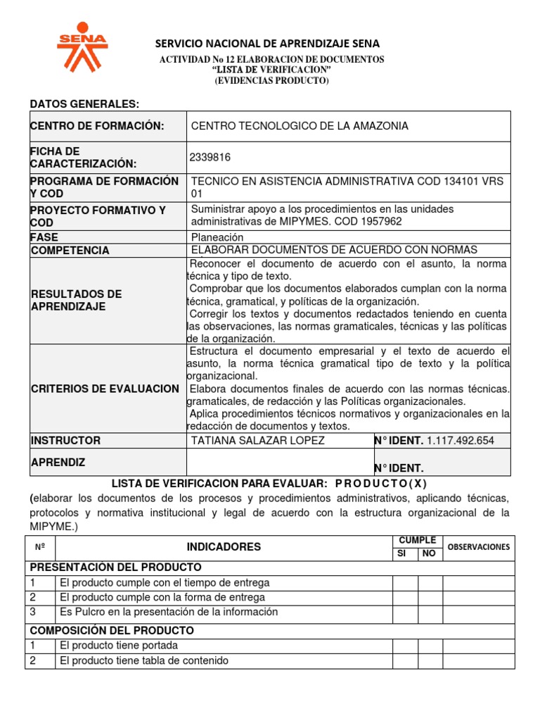 ACTIVIDAD No 12 INSTRUMENTO LISTA VERIFICACION | PDF | Evaluación