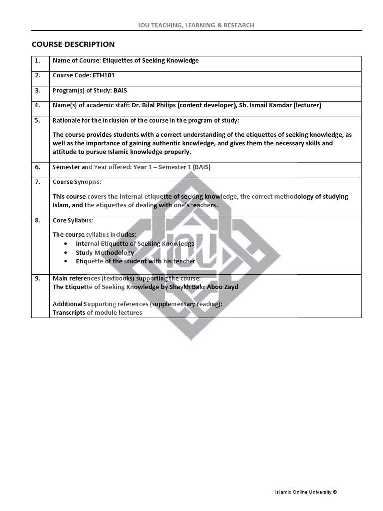 Course Description - ETH 101 - Final | PDF | Educational Assessment ...
